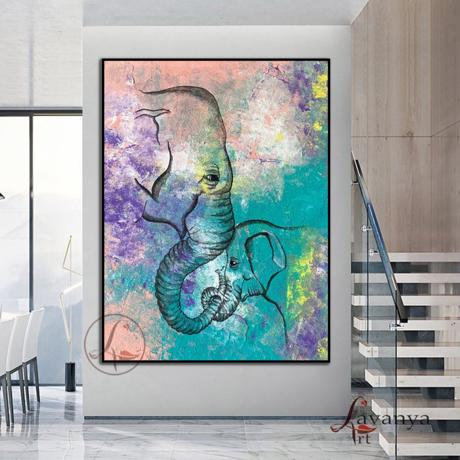 Elephant Painting 70 Animal Oil Painting on Canvas, Calming Blue Color ...