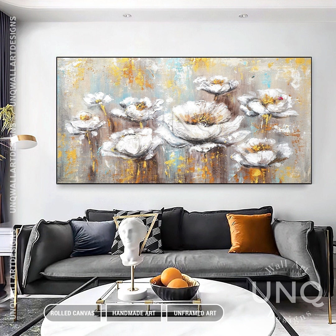 Abstract Blossom Floral Oil Painting on Canvas, 3D White Flower ...
