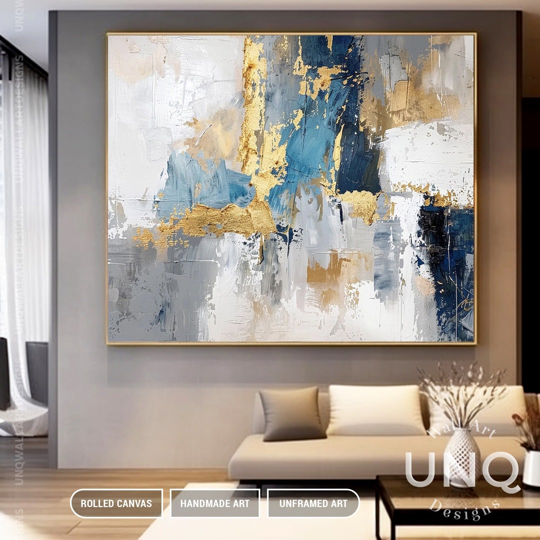 Oversized Turquoise & Gold Abstract Canvas Art: Hand-painted Wall Decor ...