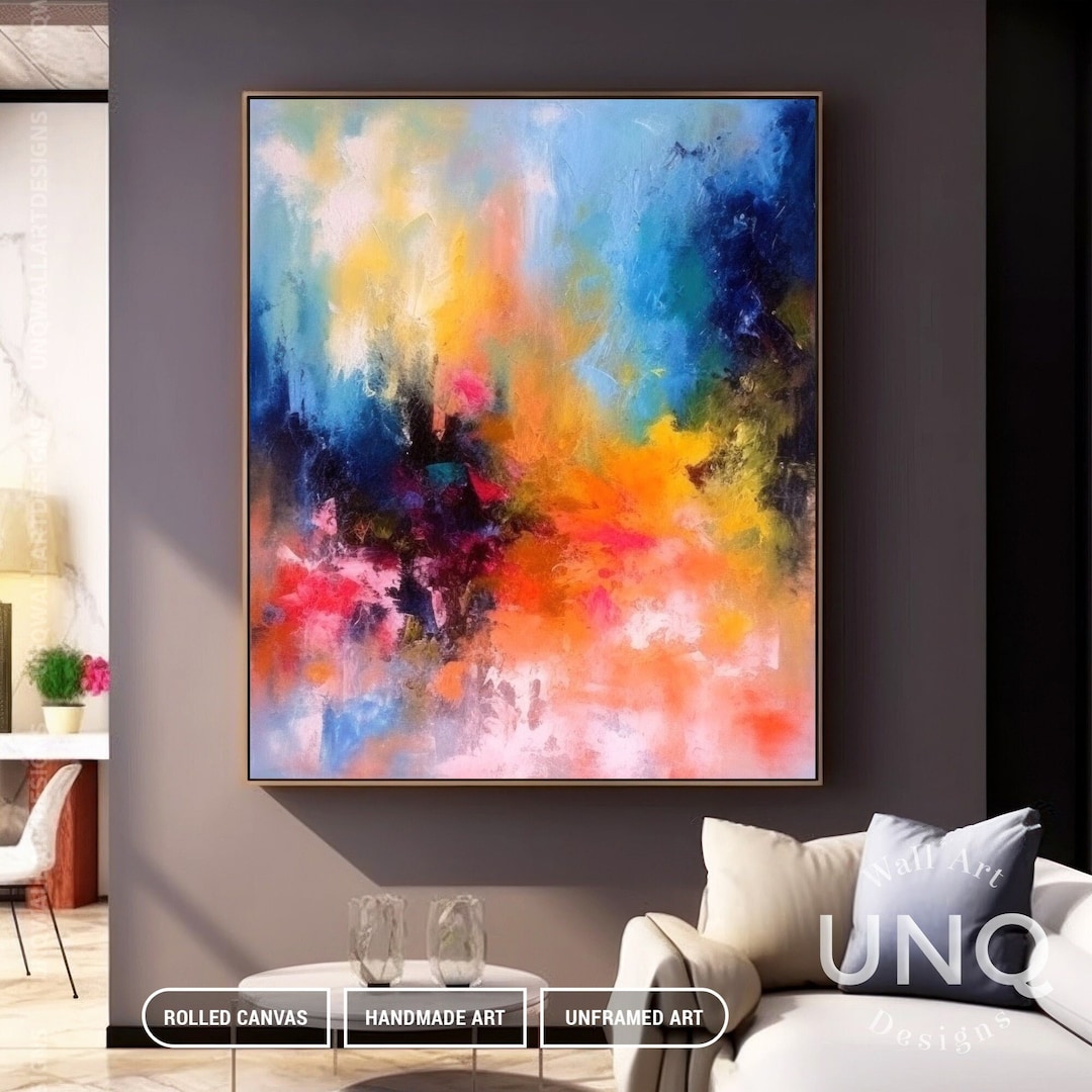 Colourful Blue & Orange Abstract Art, Extra Large Painting for Bedroom ...