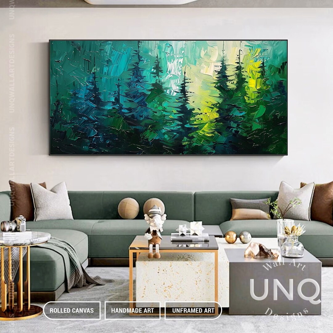 Unique Fancy Pine Tree Artwork on Canvas, Large Green Palette Knife ...