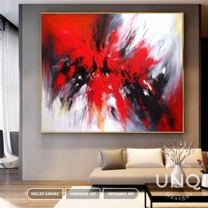 Dark Red & White Abstract Painting on Canvas, Original Handmade ...