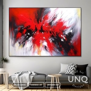 Dark Red & White Abstract Painting on Canvas, Original Handmade ...