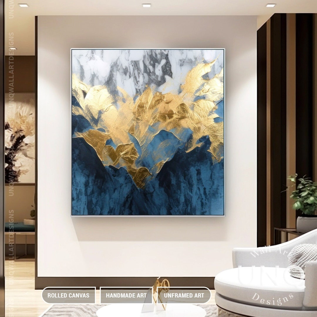 Blue Gold Leaf Abstract Art, Handmade Canvas Artwork Grey Gold, Grey ...