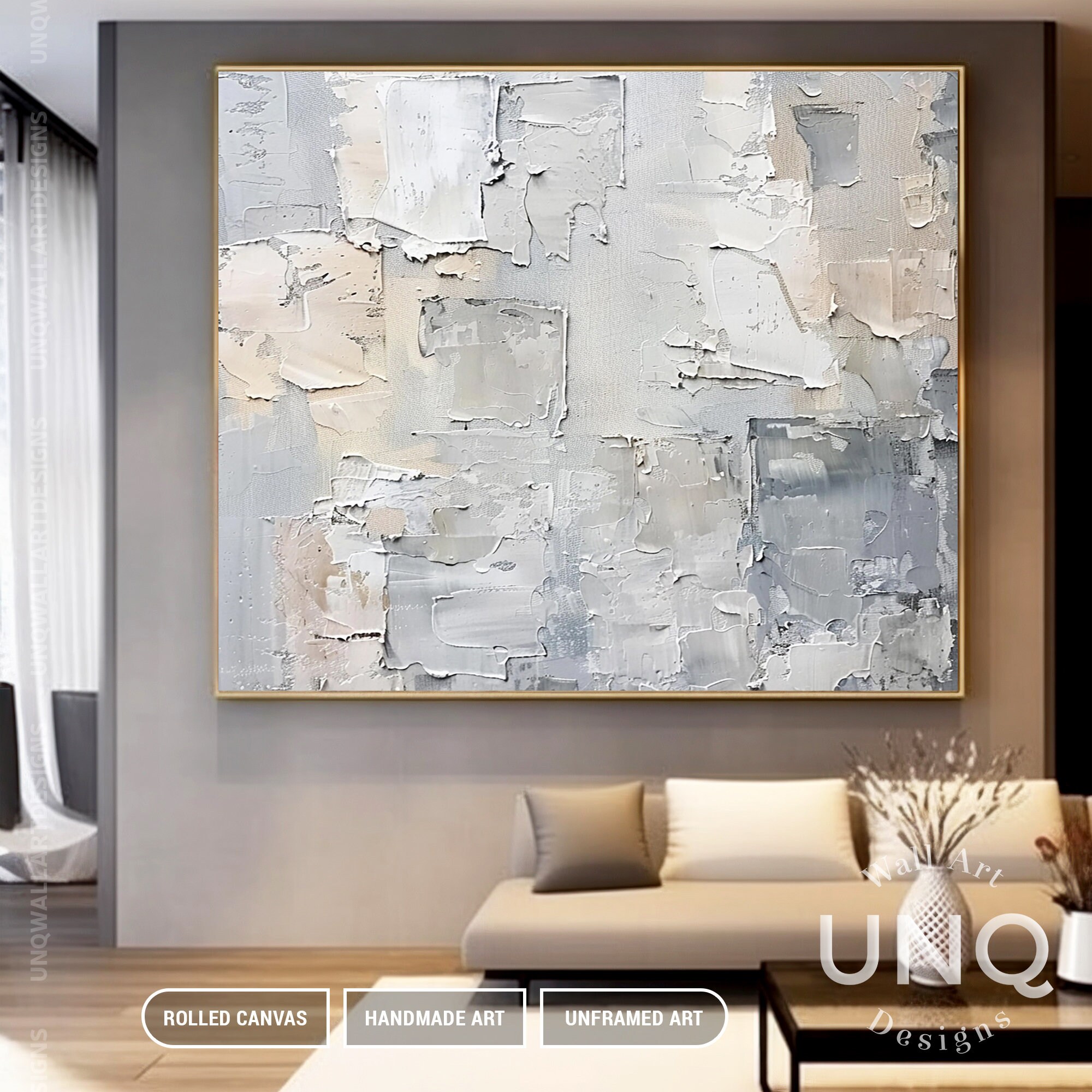 Oversized Grey Texture Painting: 3D White Abstract Art on Canvas - Etsy