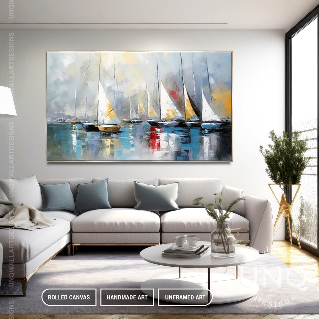 Original Sailboats at Harbor Artwork, Large Sailboats and Blue Ocean ...