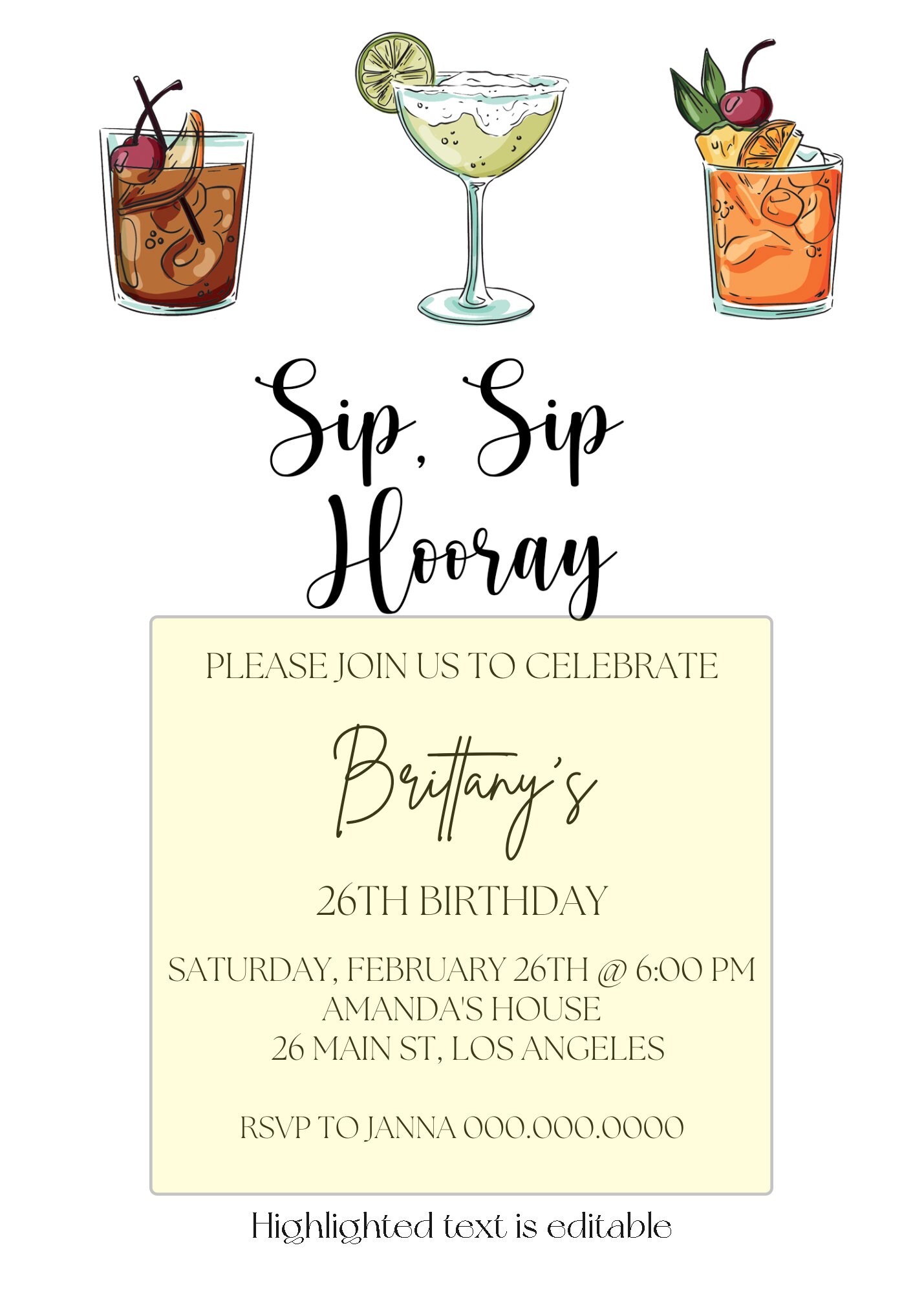 Editable Sip Sip Hooray Birthday Party Invitation, Adult Birthday ...