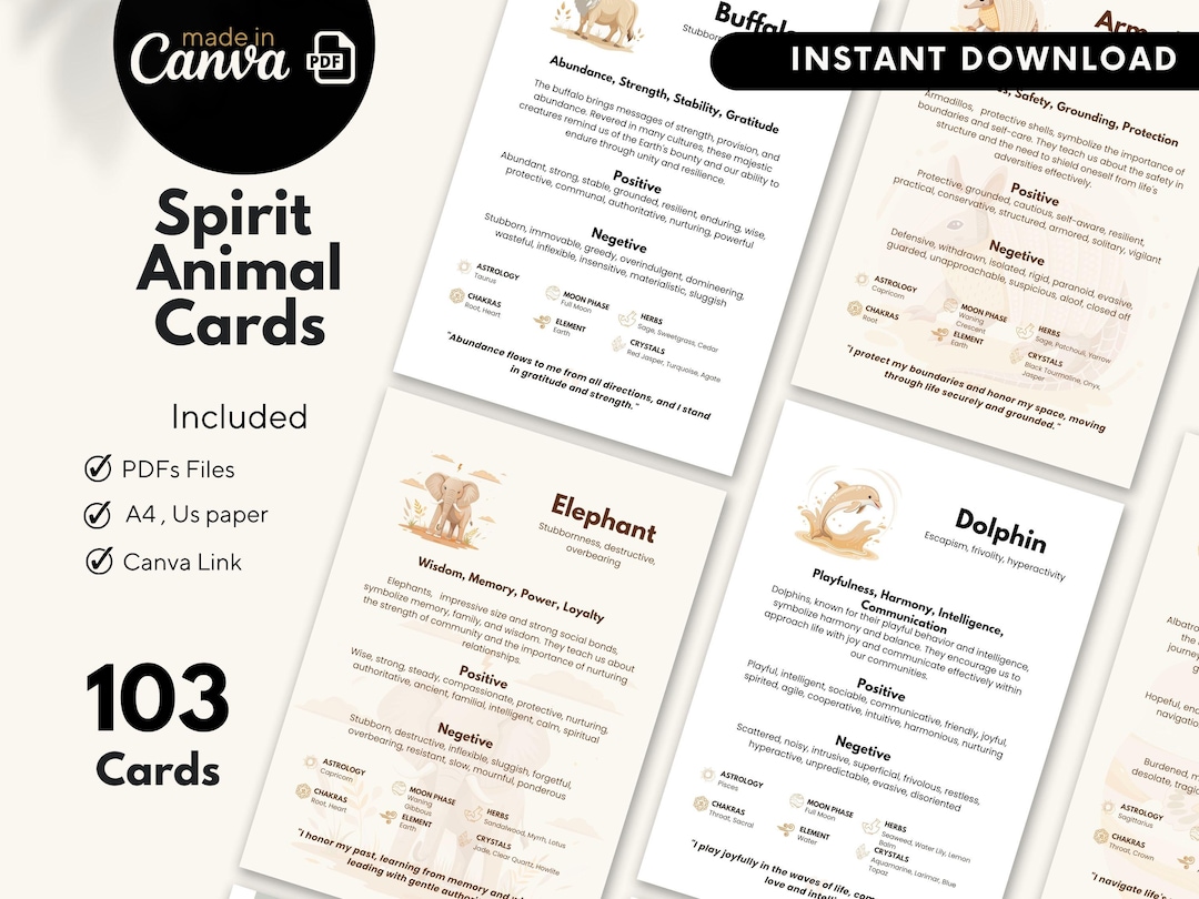 103 Spirit Animal Cards - Editable Canva Template, PDF Printable A6 ...