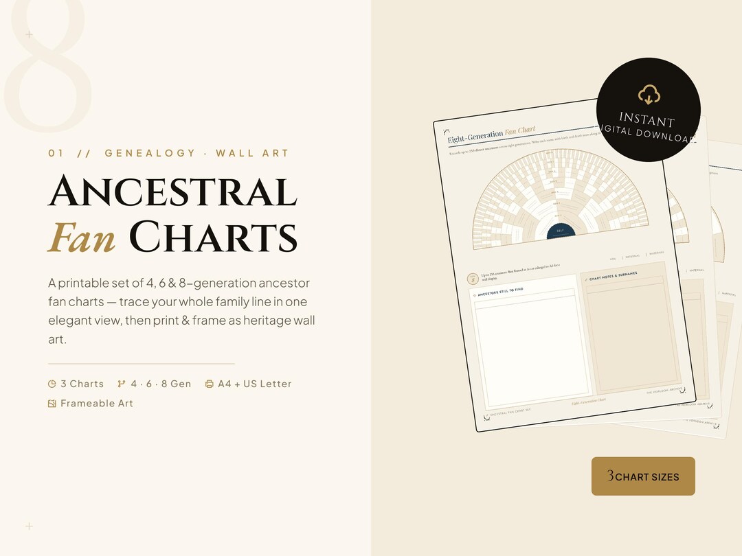 Printable Ancestor Fan Chart Set, 4-8 Generation Genealogy Template ...