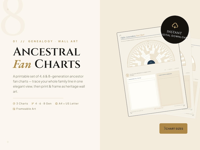 Printable Ancestor Fan Chart Set, 4-8 Generation Genealogy Template ...