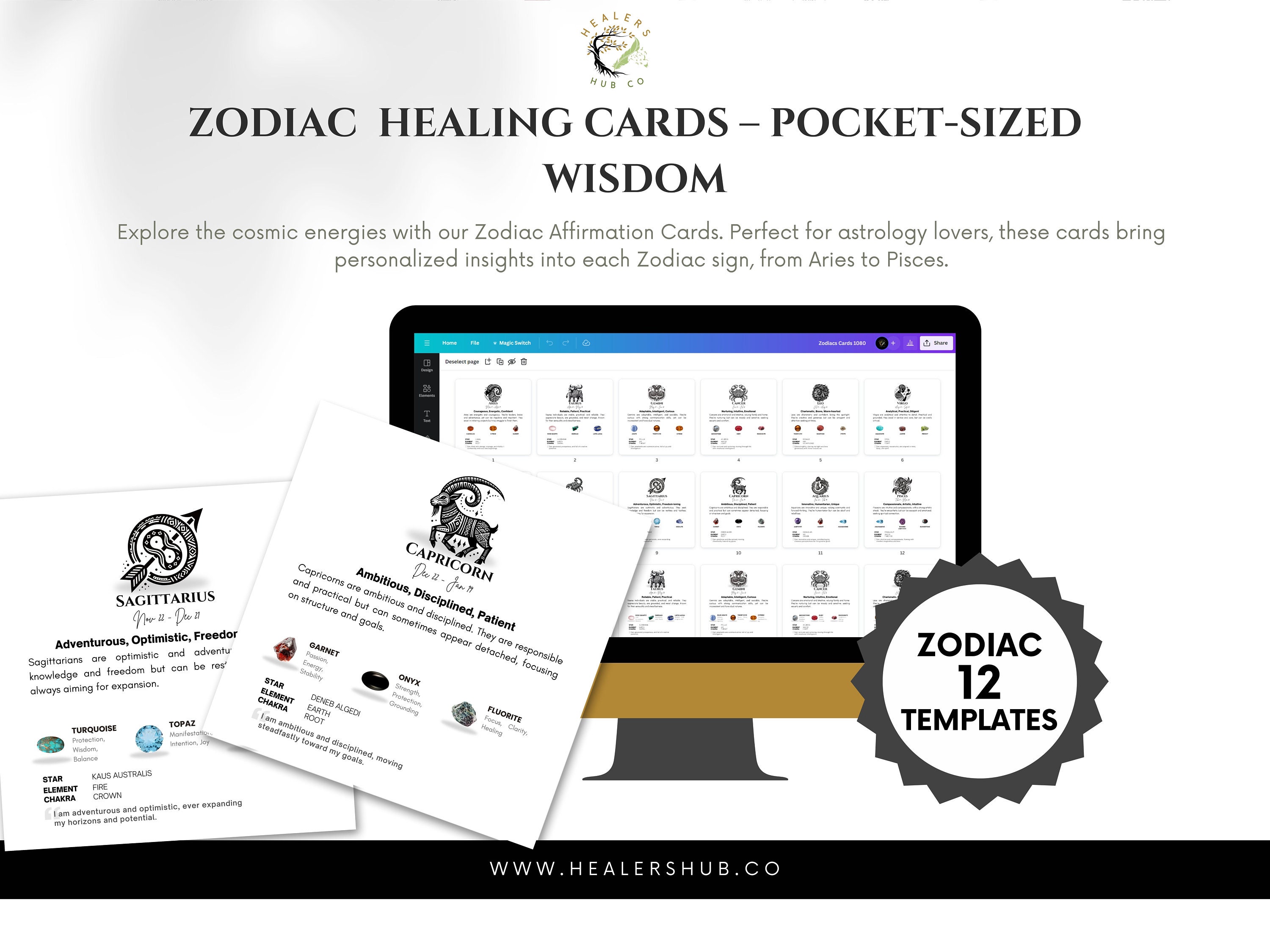 Zodiac Crystal Cards 1080, Set of 12 of Editable & Printable Astrology ...