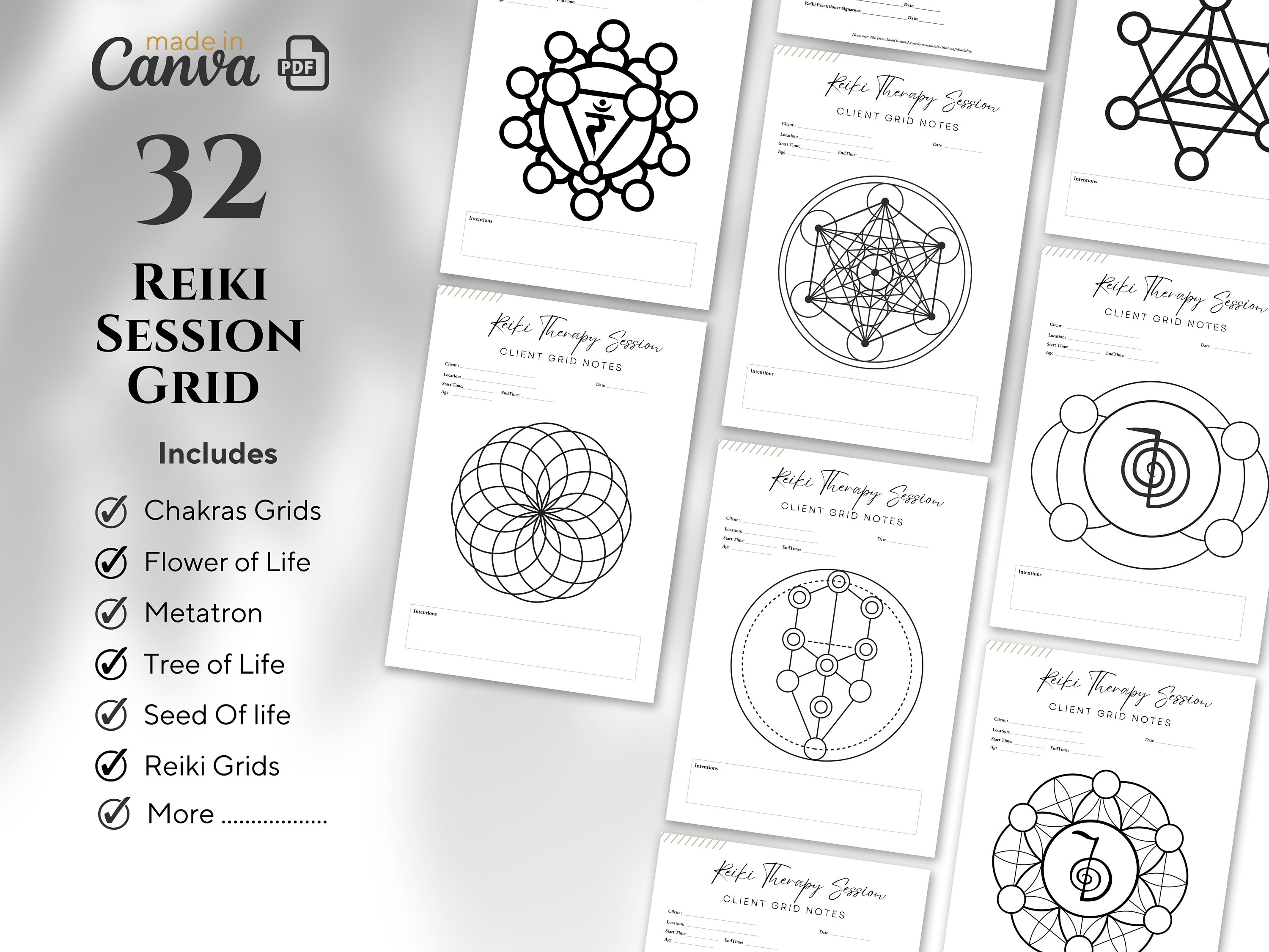 32 Reiki Session Grid Bundle Comprehensive Collection of Healing Grids Chakras, Flower of Life ...