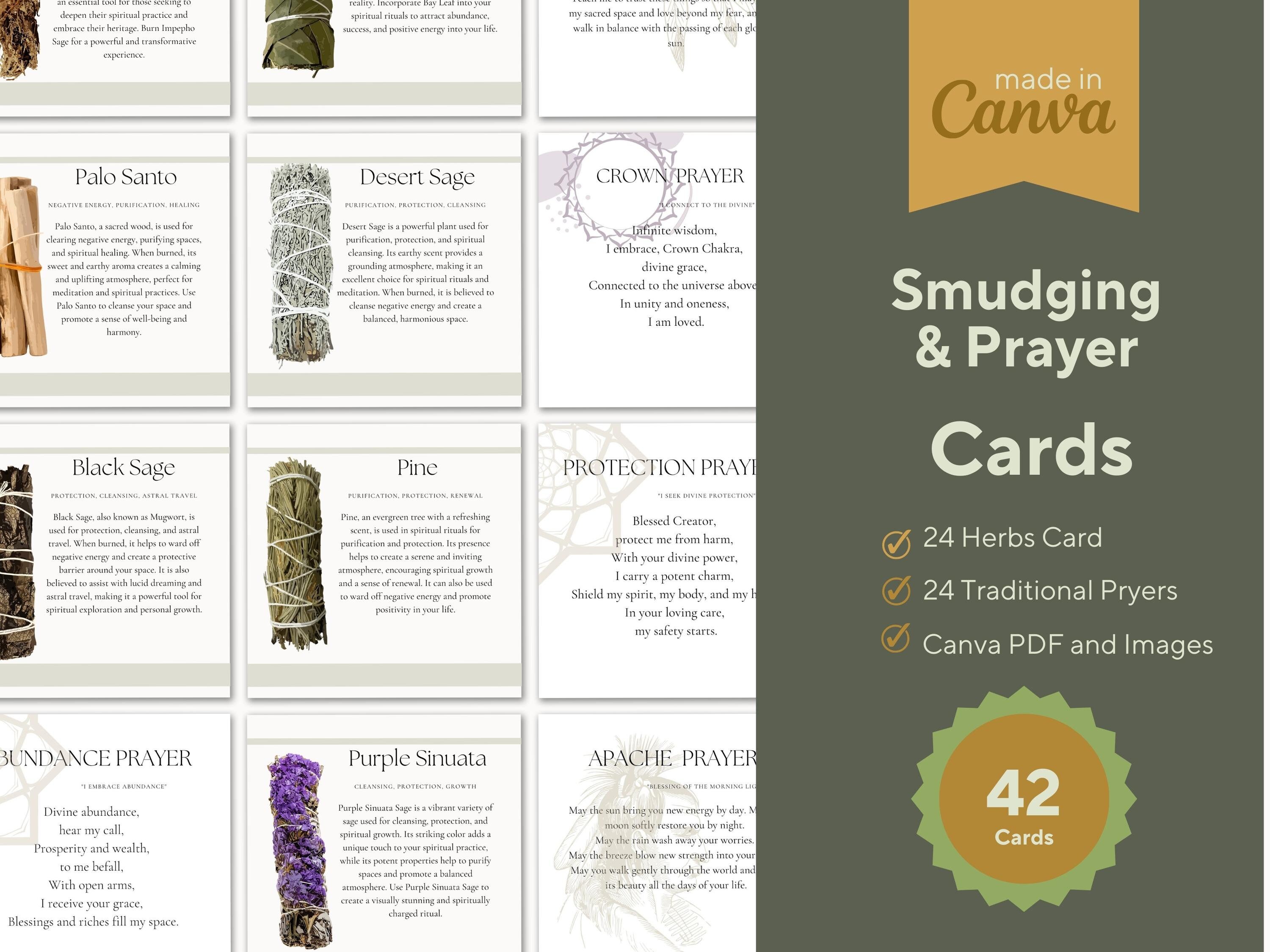 Smudging & Prayer Cards Set Spiritual Cleansing Herbs Guide, Sacred ...