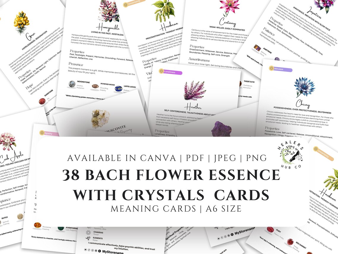 Bach Flower Essence Cards With Crystals, Watercolor Healing (editable ...