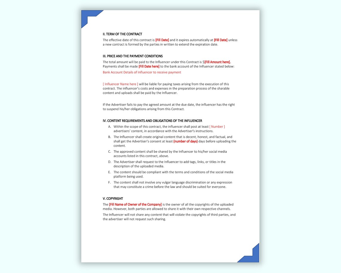 Social Media Influencer Contract Agreement Template - Etsy