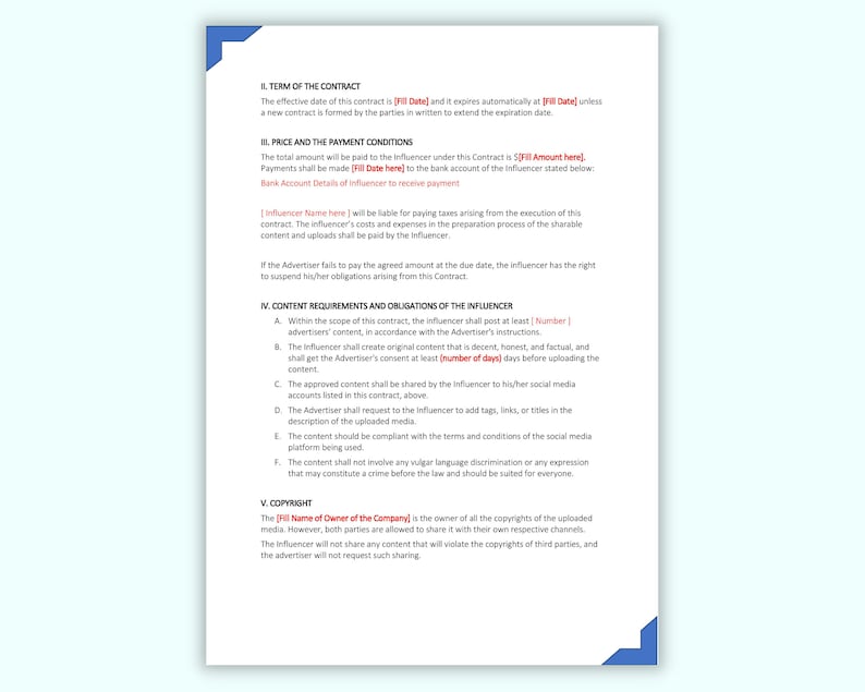 Social Media Influencer Contract Agreement Template - Etsy