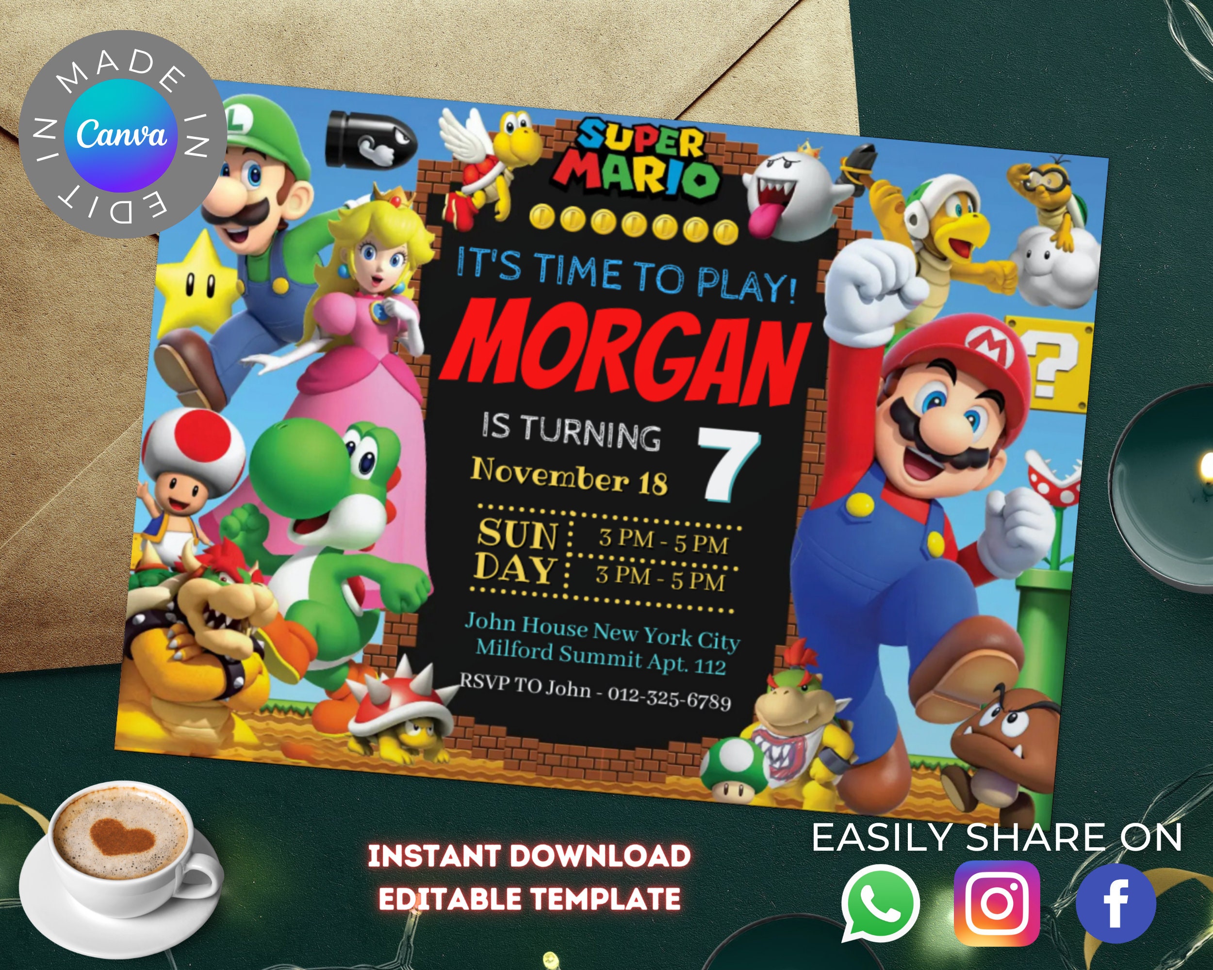 Super Mario Bros Editable Birthday Invitation Canva Template - Etsy UK