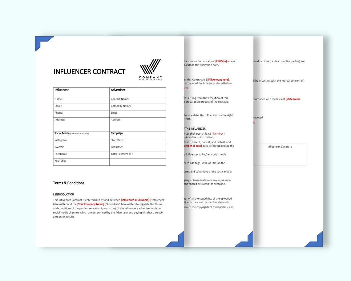 Social Media Influencer Contract Agreement Template - Etsy