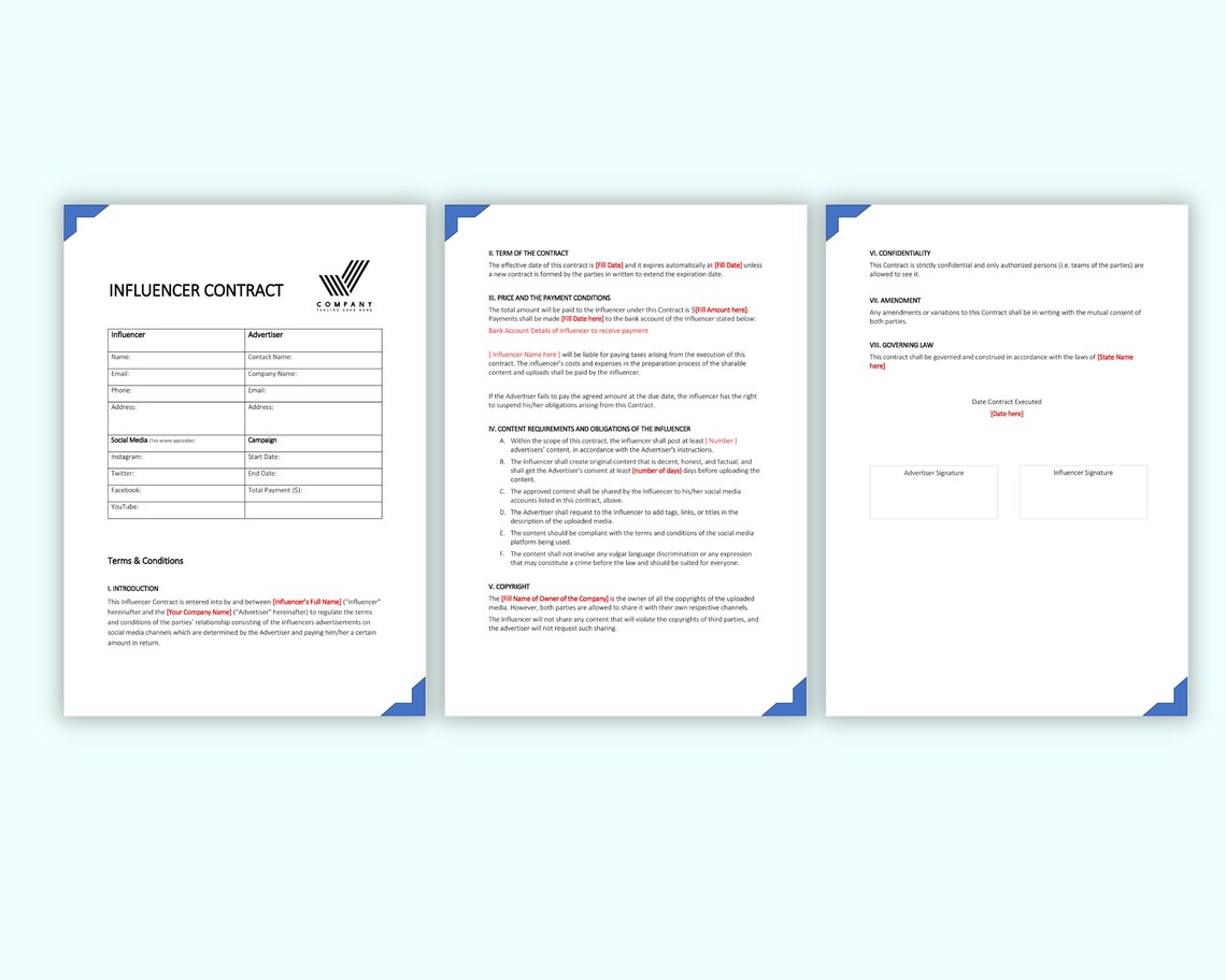 Social Media Influencer Contract Agreement Template - Etsy