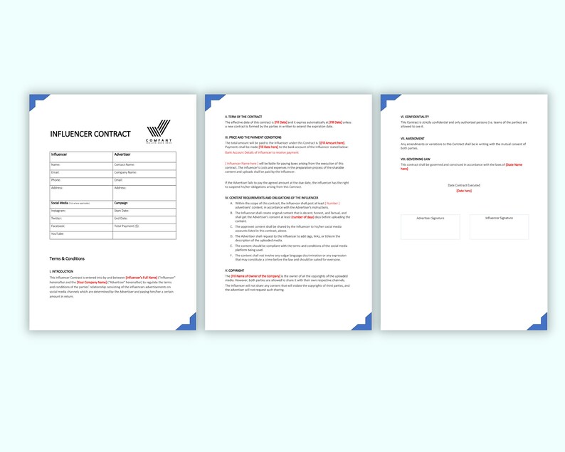 Social Media Influencer Contract Agreement Template - Etsy