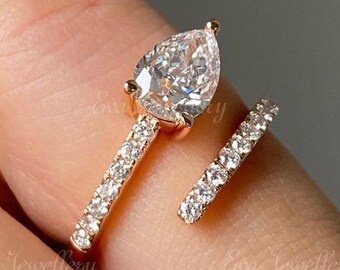 Open Cuff Wedding Band, Two Stone Round& Pear Cut Engagement Ring ...