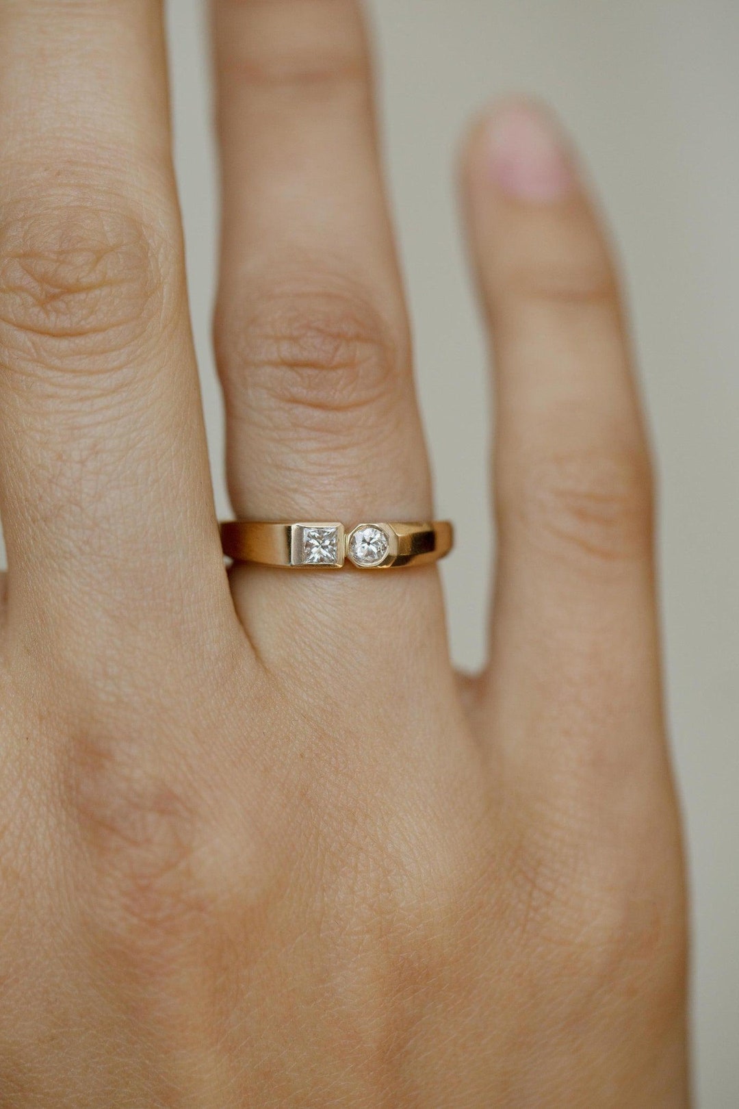 Diamond Two Stone Couple Ring, Minimalistic Gold Unique Stackable ...