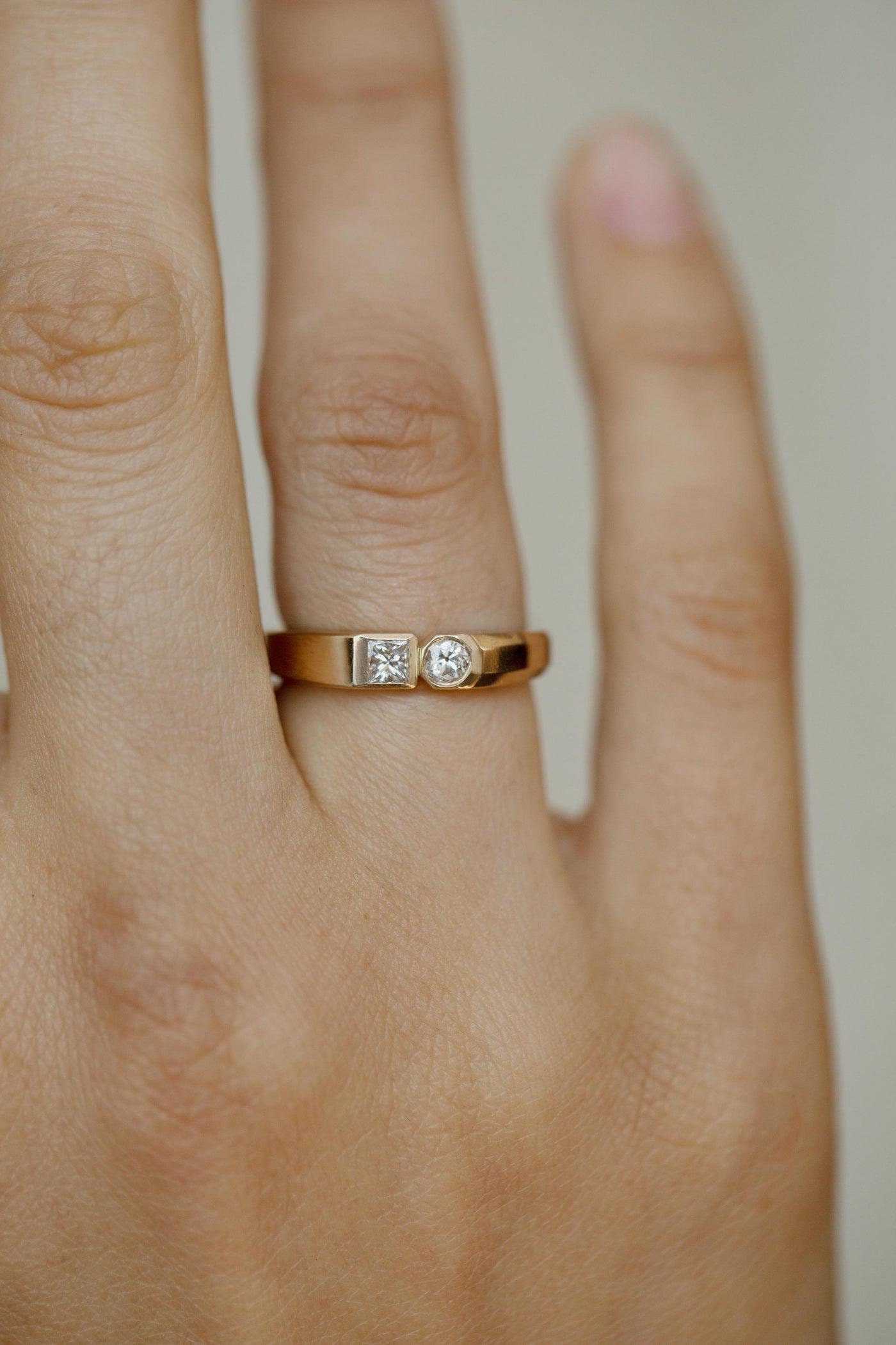 Diamond Two Stone Couple Ring, Minimalistic Gold Unique Stackable ...