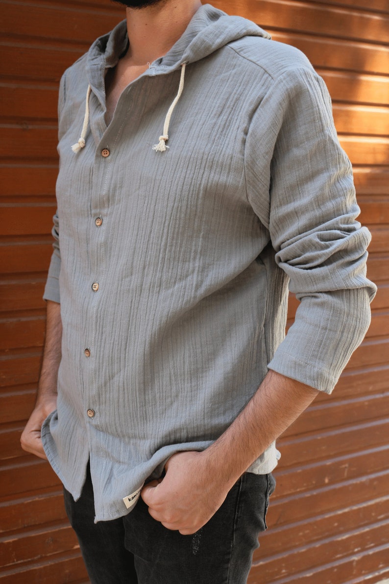 Men's Gray Muslin Hoodie: Long Sleeve Organic Cotton Shirt - Etsy
