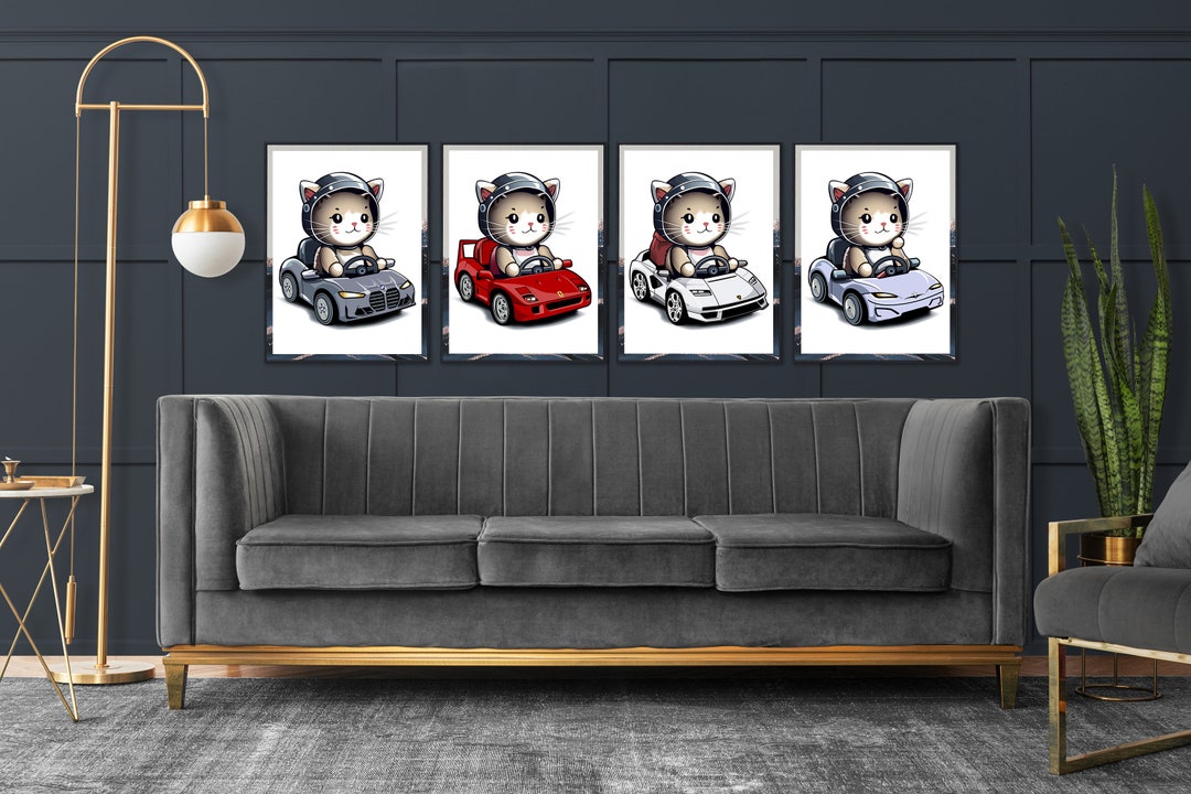 Cats Driving Wall Art Set Cartoon Illustration of Cats in a BMW M3 ...