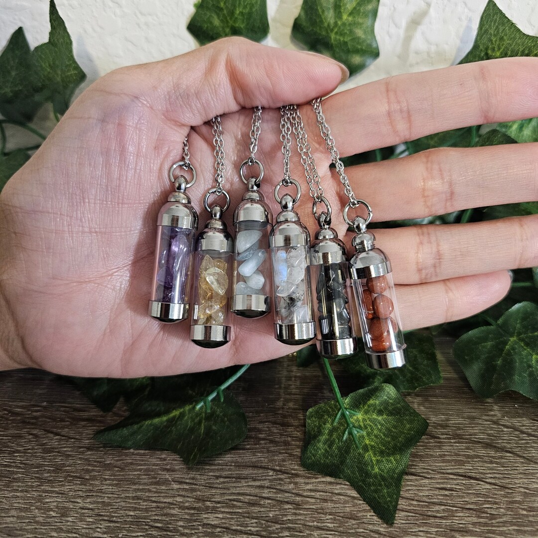 Crystal Chip Vial Necklaces - Genuine Gemstones, Silver Chain, Pendant ...