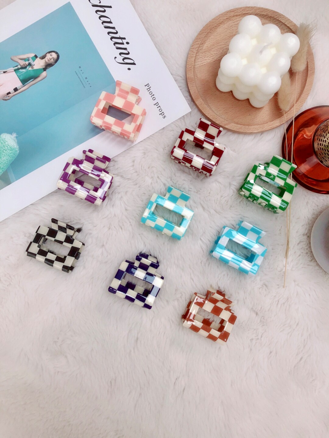 Small 5cm Colourful Check Pattern Hair Claw, Cellulose Acetate Hair ...