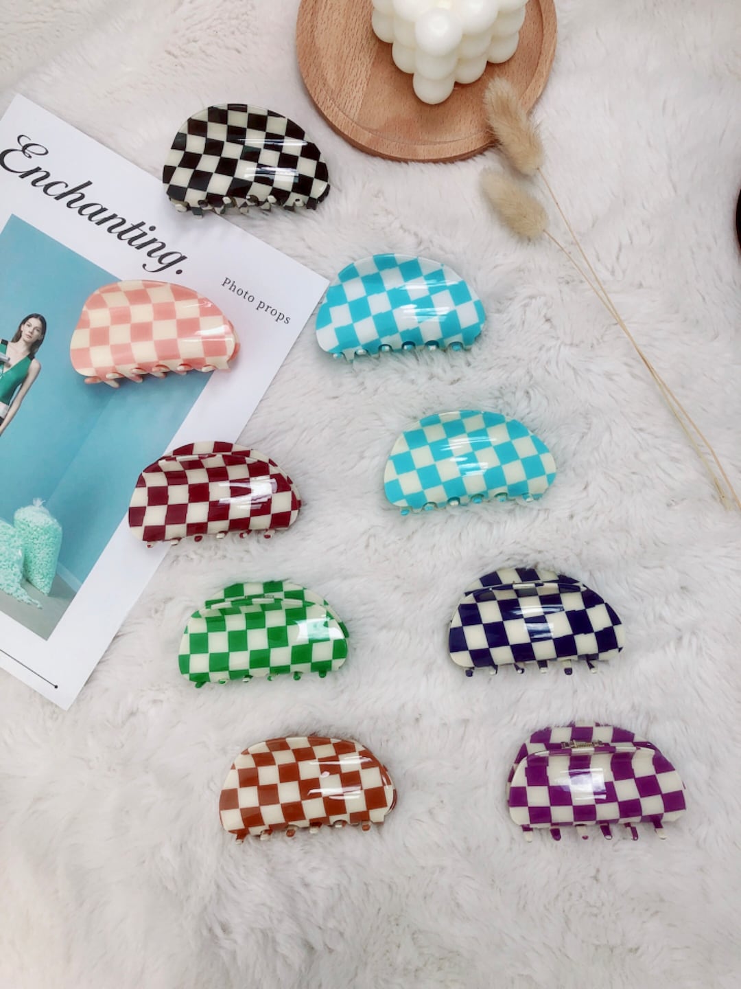 Check Pattern Hair Claw, 8.5cm Shell Shape Cellulose Acetate Hair Claw ...