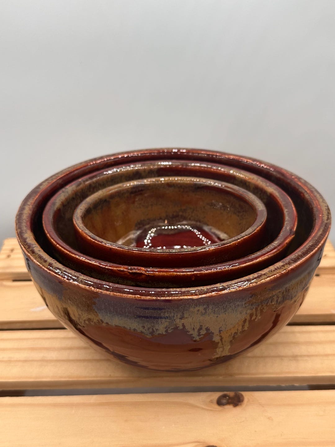 Ceramic Mixing Bowl Set – Handmade Nesting Bowls – Deep Red With Brown ...