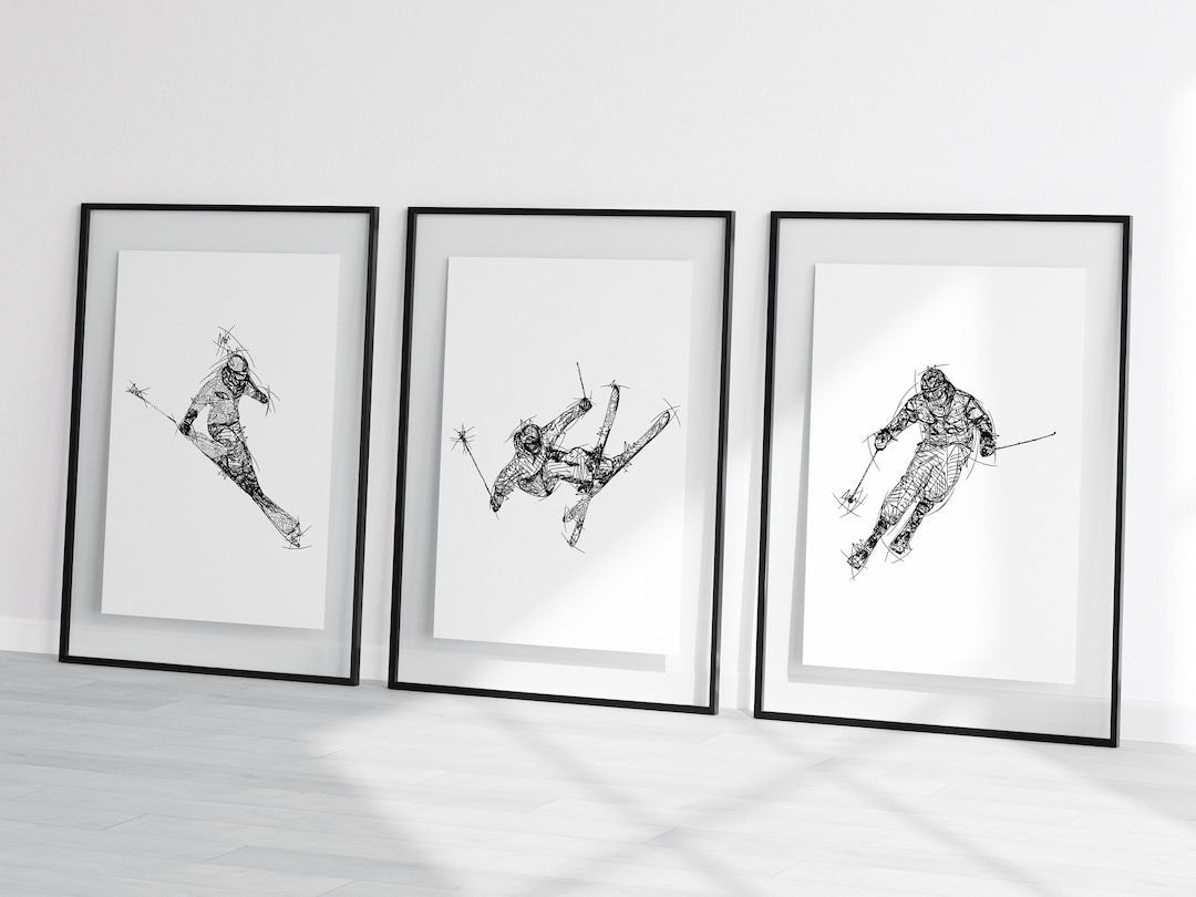 Skiing Sketch Set, Skiing Prints, Skiing Wall Art, Skiier Gift Prints , Gift for Skiier, Skiing ...