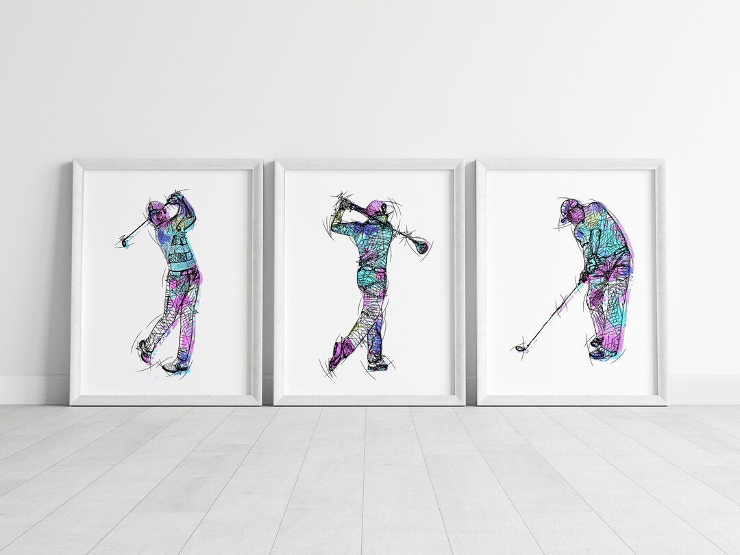 Male Golf Prints, Gift for Male Golfer, Golfing Sketch Art, Set of ...
