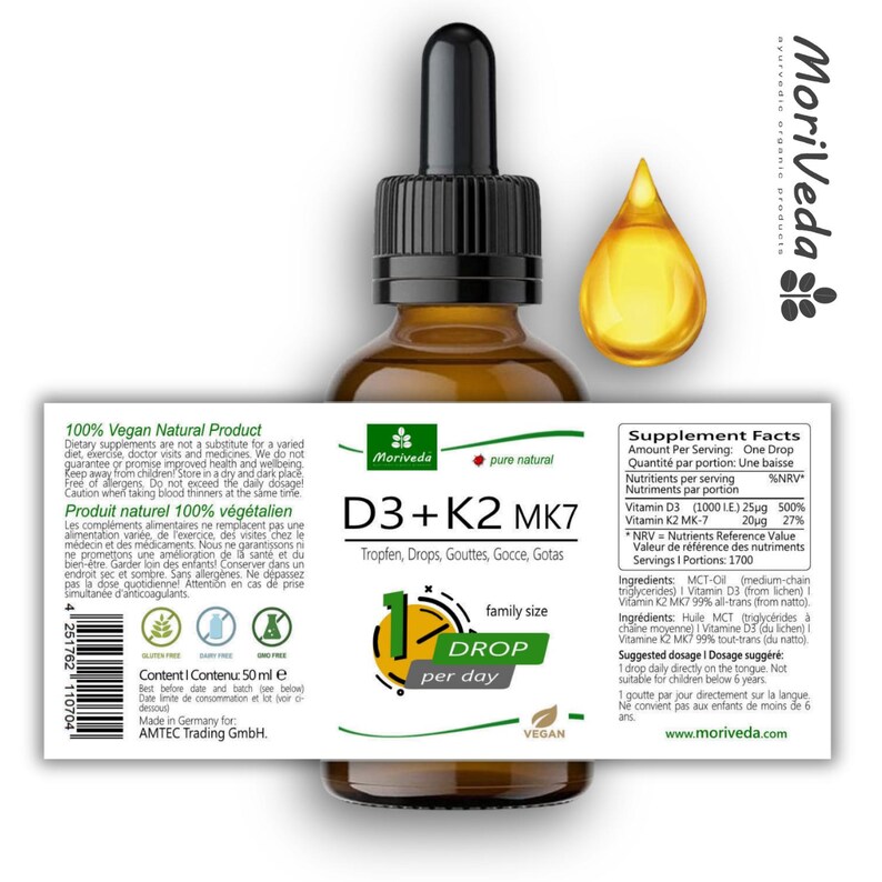 Vitamin D3 K2 Drops | 1000 IU D3 + 20 µg K2 MK7 per Drop | Natural ...