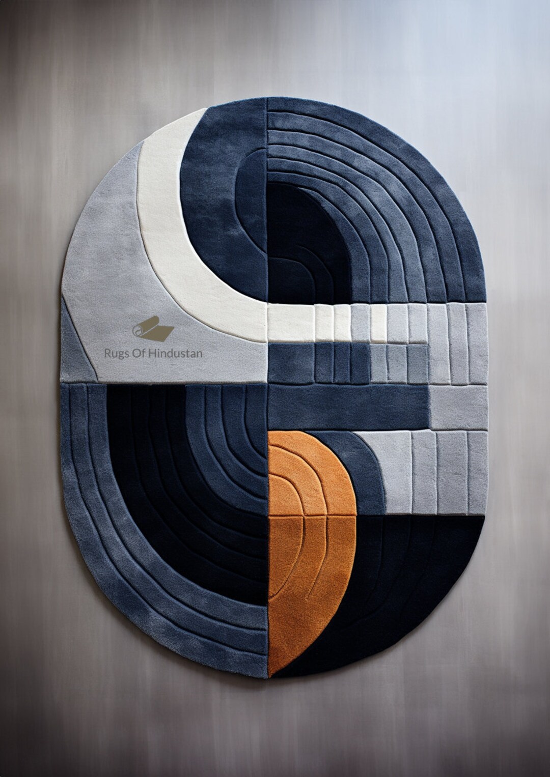 Modern Navy Blue Wool Rug – Hand-tufted Oval Carpet With Textured ...