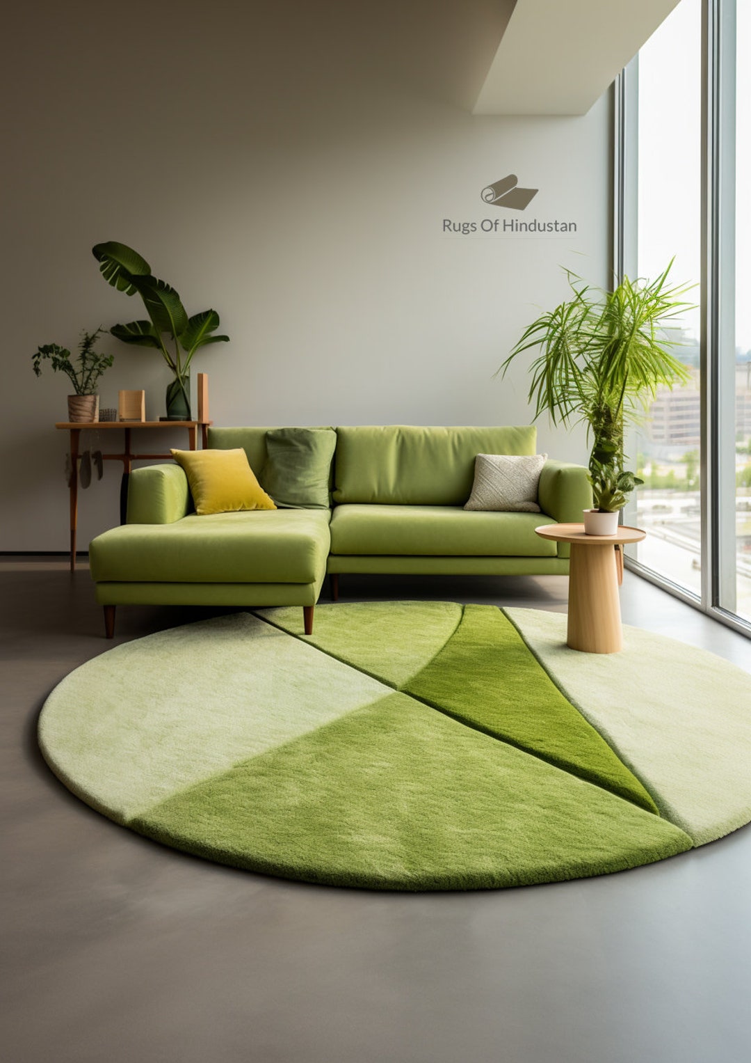Modern Abstract Soothing Green Color Circle High and Low Pile Rug ...
