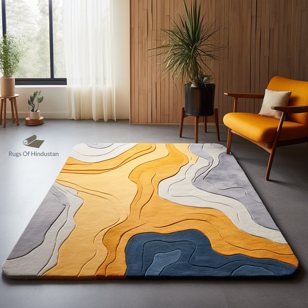 Abstract Yellow River Design Rectangular Shape Premium Hand Tufted ...
