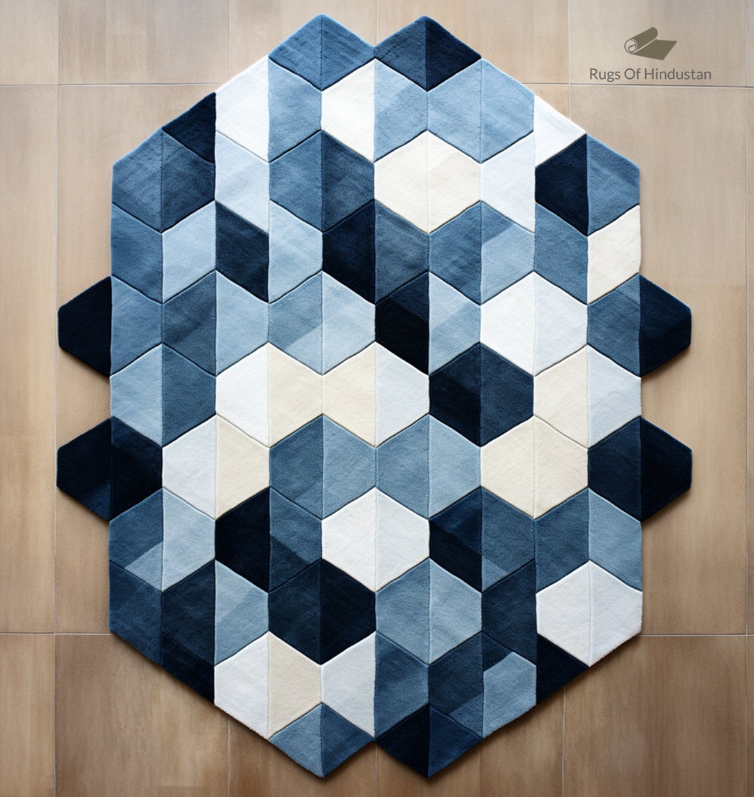 Indigo Pentagon Wool Rug: Modern Hand-tufted 3D Pattern - Etsy