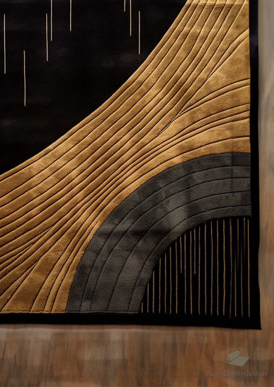 Modern Abstract Black and Gold Colour 100% Viscose Handmade Area Rug ...