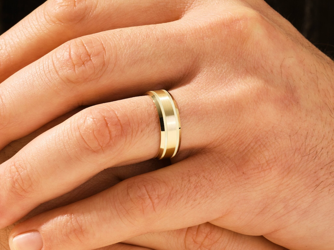 7mm Milgrain and Beveled Edge Solid Gold Men's Wedding Band • MATTE ...