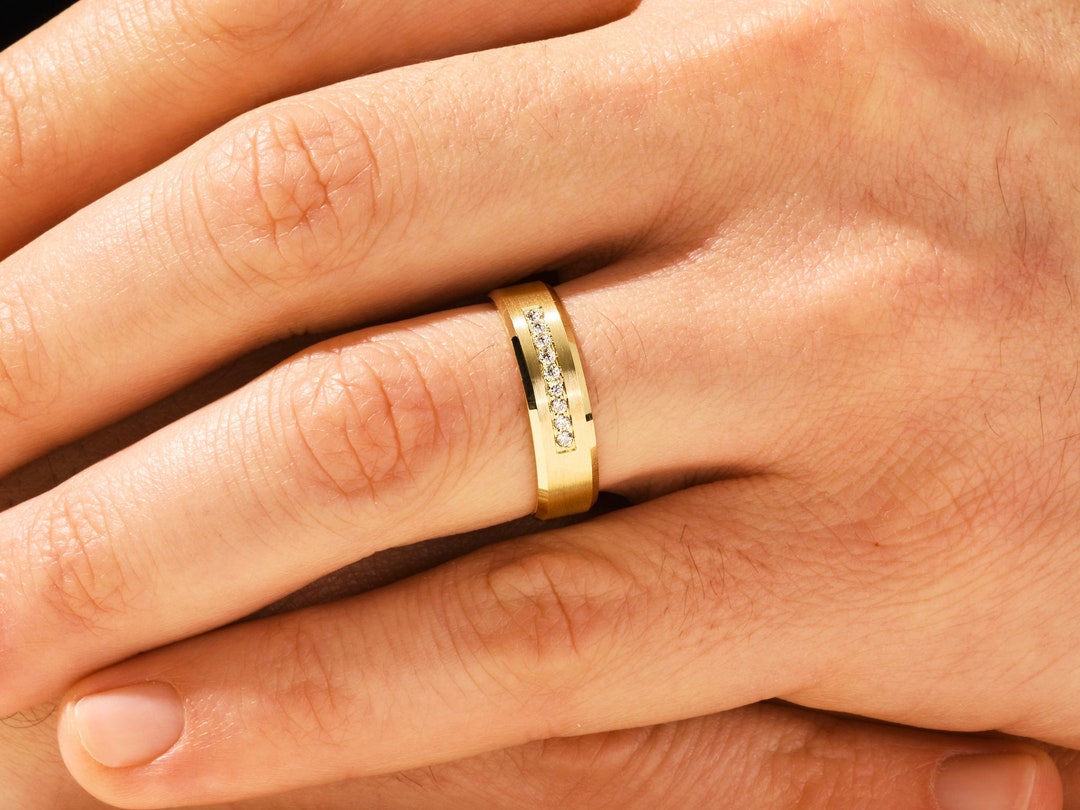 6mm Solid Gold Men's Nine-stone Diamond Wedding Band With Beveled Edges ...