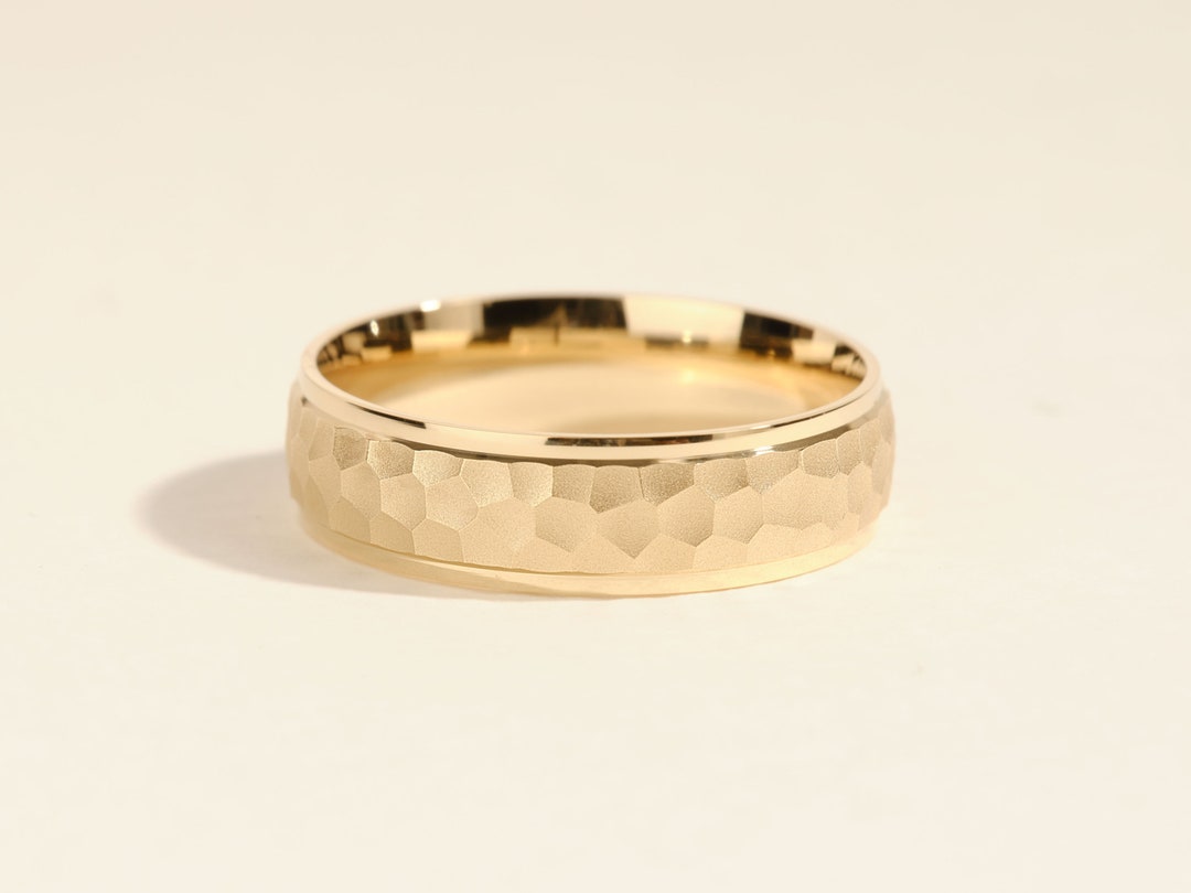 6mm Solid Gold Hammered Dome Men's Wedding Band With Beveled Edges ...