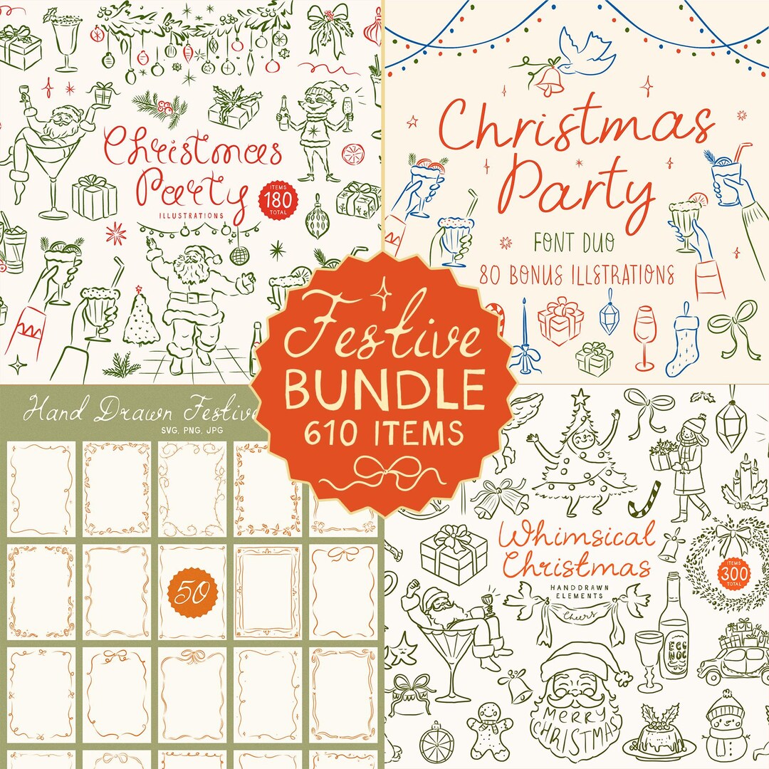 Hand Drawn Christmas Whimsical SVG Clipart Bundle of Illustrations ...