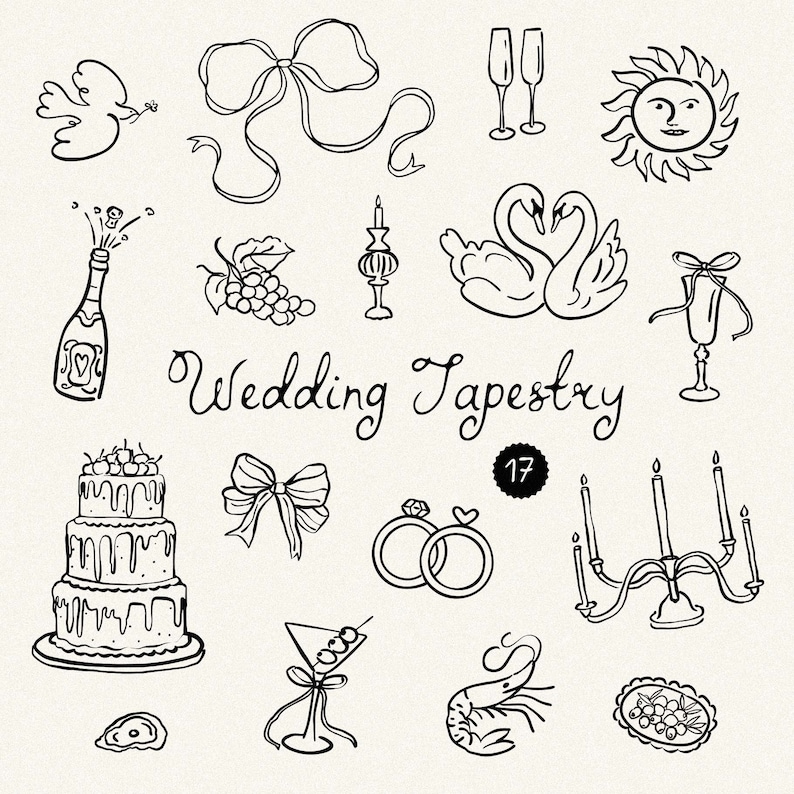 Hand Drawn Whimsical Wedding Tapestry Icons, Wedding SVG Clipart Set of ...