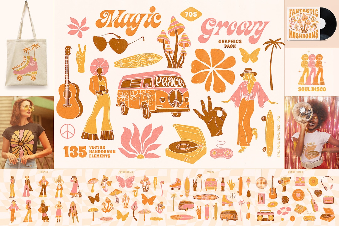 Good Vibes Retro Clipart Collection, Boho Hippie Design, 70s Clipart ...