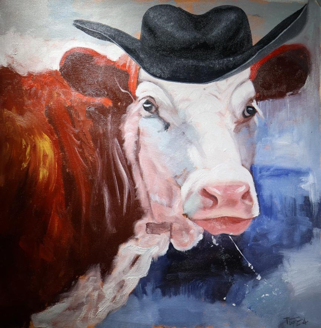 Cowboy Hat Painting Dairy Cow Art Cattle Art, Holstein Highland Cow ...