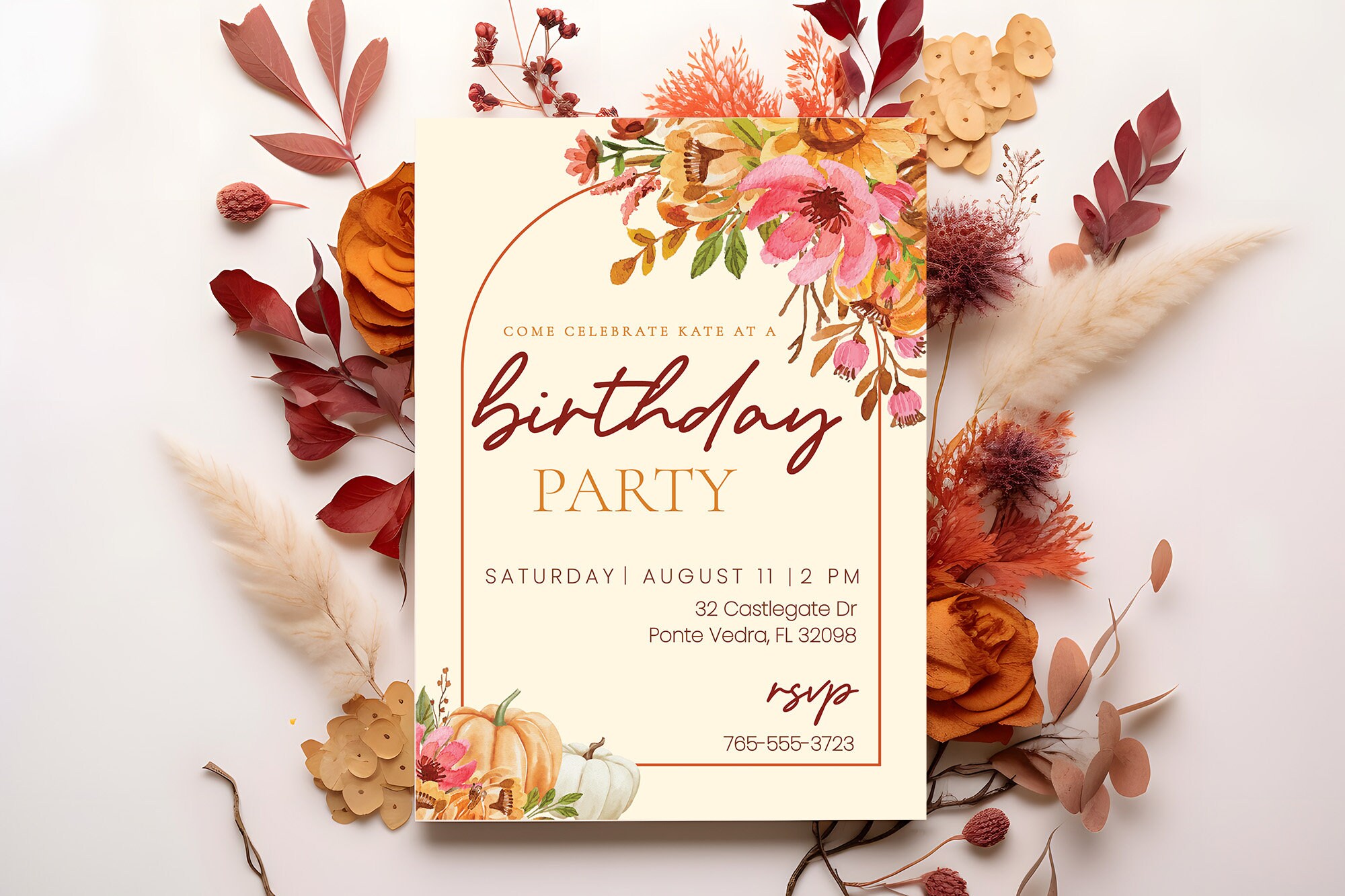 Fall Pumpkin Birthday Invite, Fall Foliage, Pumpkin Invitation, Fall ...