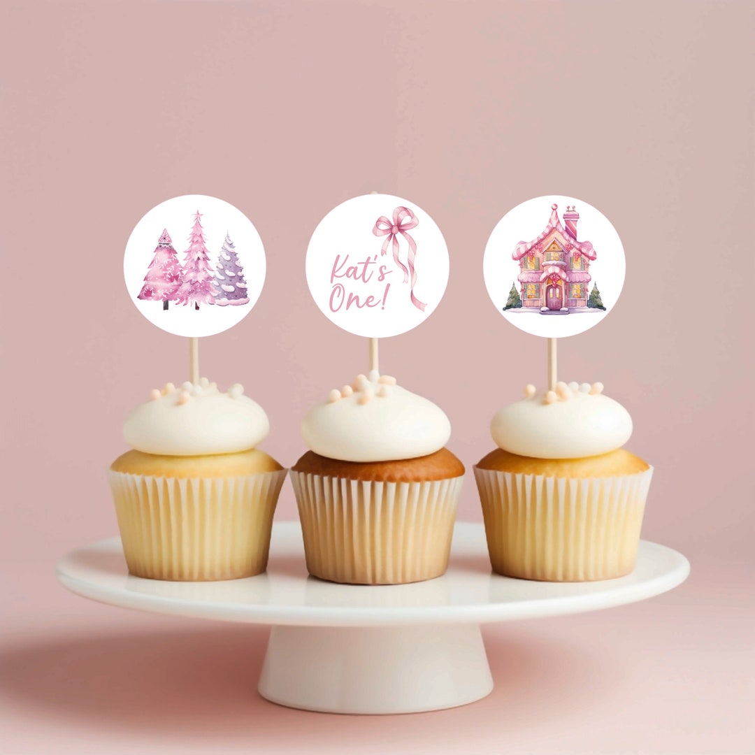 Pink Christmas Cupcake Toppers, Pink Whimsical, Pink Christmas Trees ...